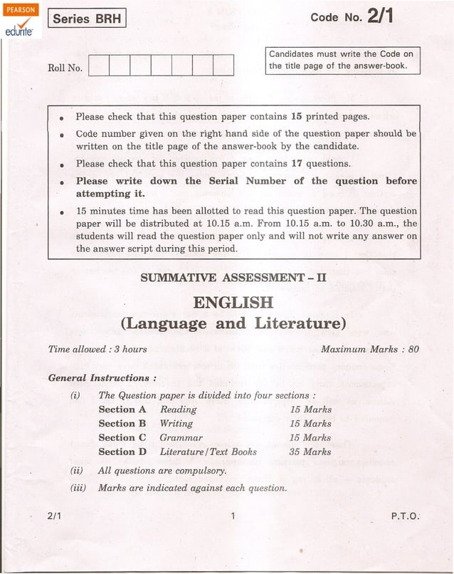 Class 10 Cbse English Language Literature Question Paper Term 2 Set 3 | PDF | Free Download