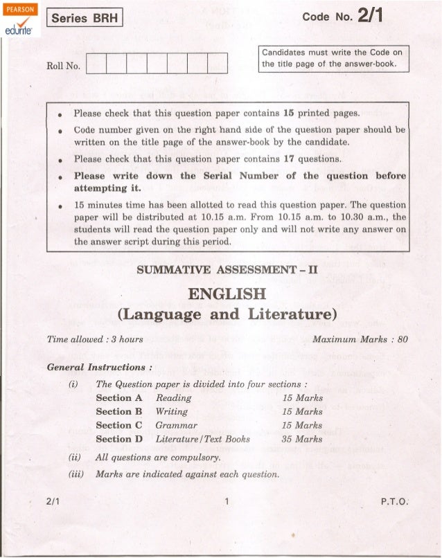 Class 10 Cbse English Language Literature Question Paper Term 2 Set 3