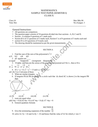 Class 10 Cbse Maths Sample Paper Term 1 Model 2 | PDF
