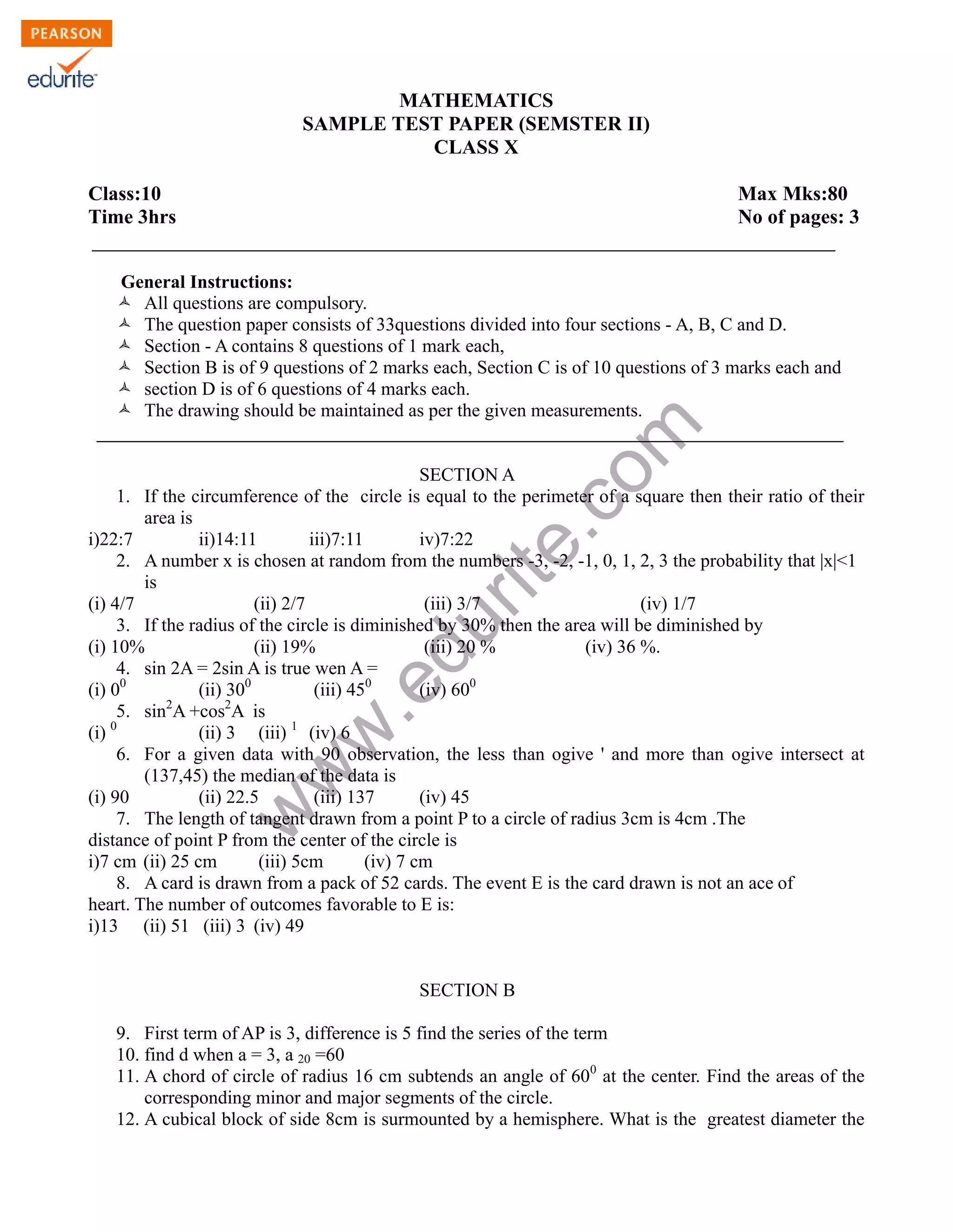 Class 10 Cbse Maths Sample Paper Term 2 Model 1 | PDF