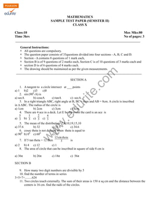 Class 10 Cbse Math Sample Paper Term 2 Model 2 | PDF