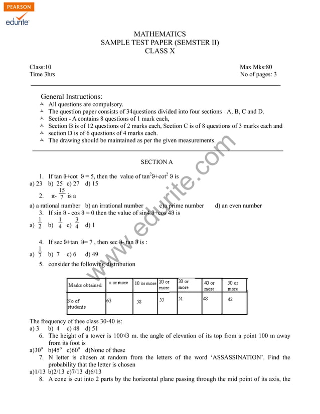 Class 10 Cbse Maths Sample Paper Term 2 Model 3 | PDF