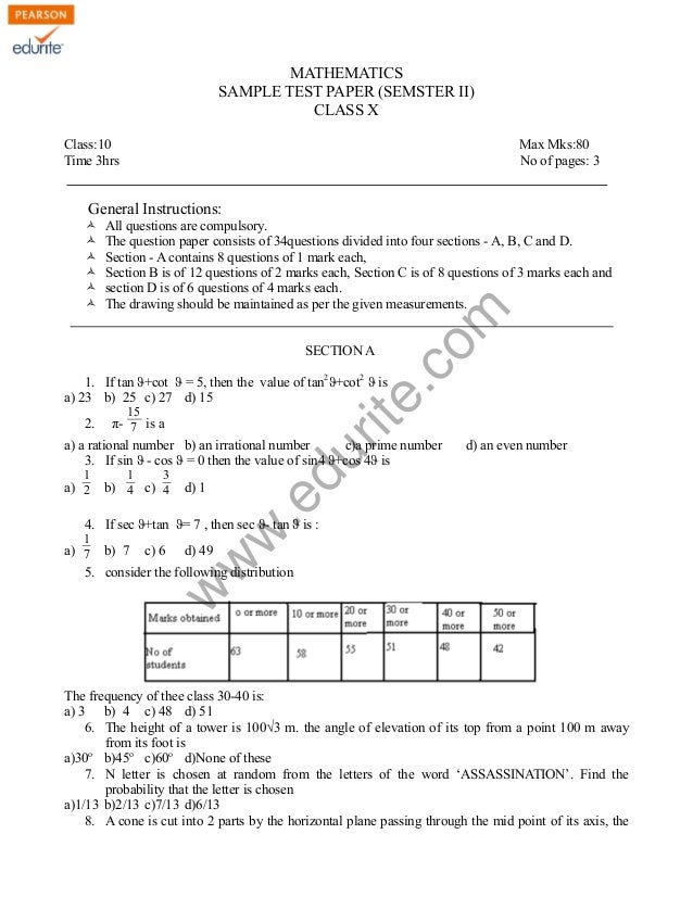 Class 10 Cbse Maths Sample Paper Term 2 Model 3