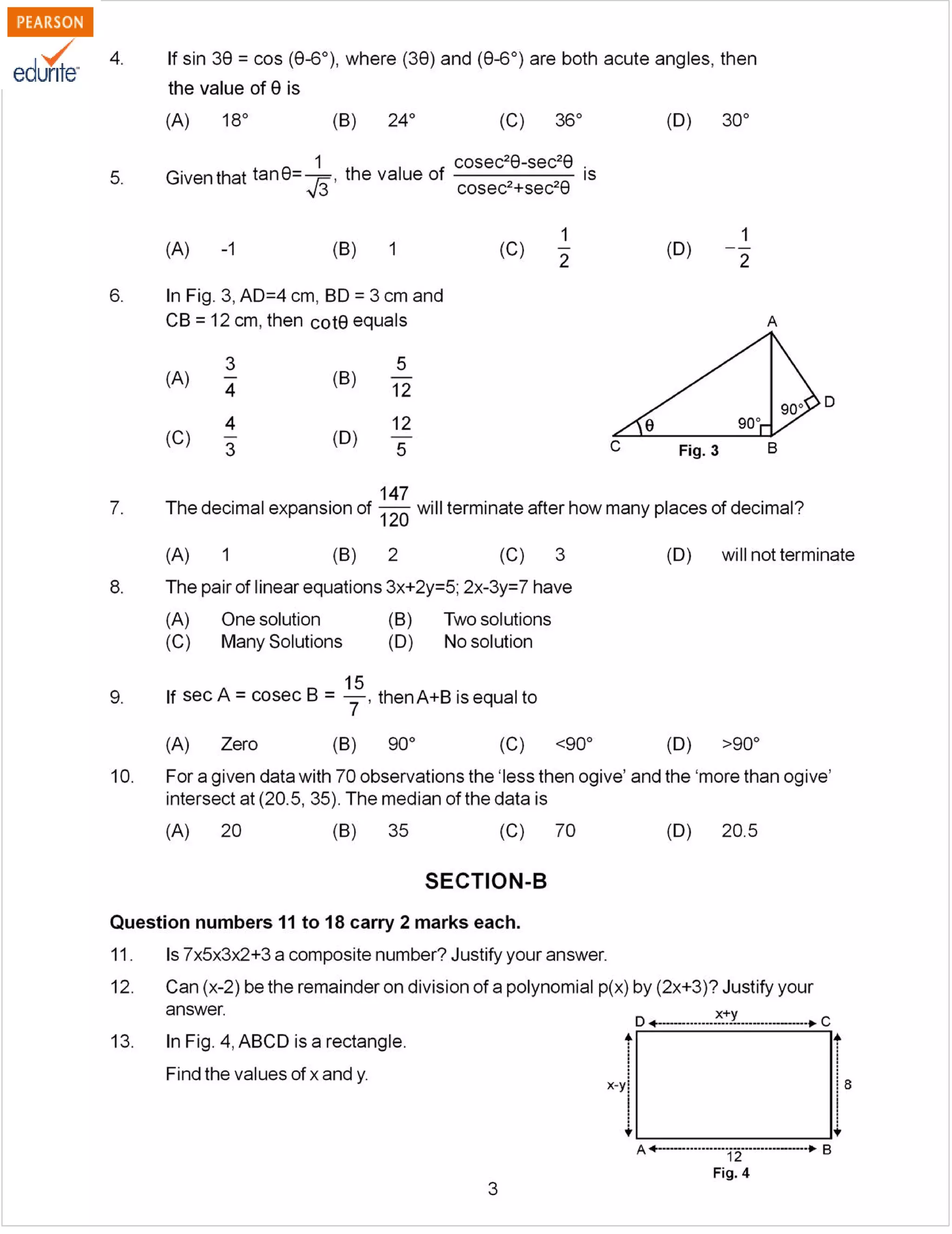 Class 10 Cbse Maths Sample Paper Term 1 2011 | PDF