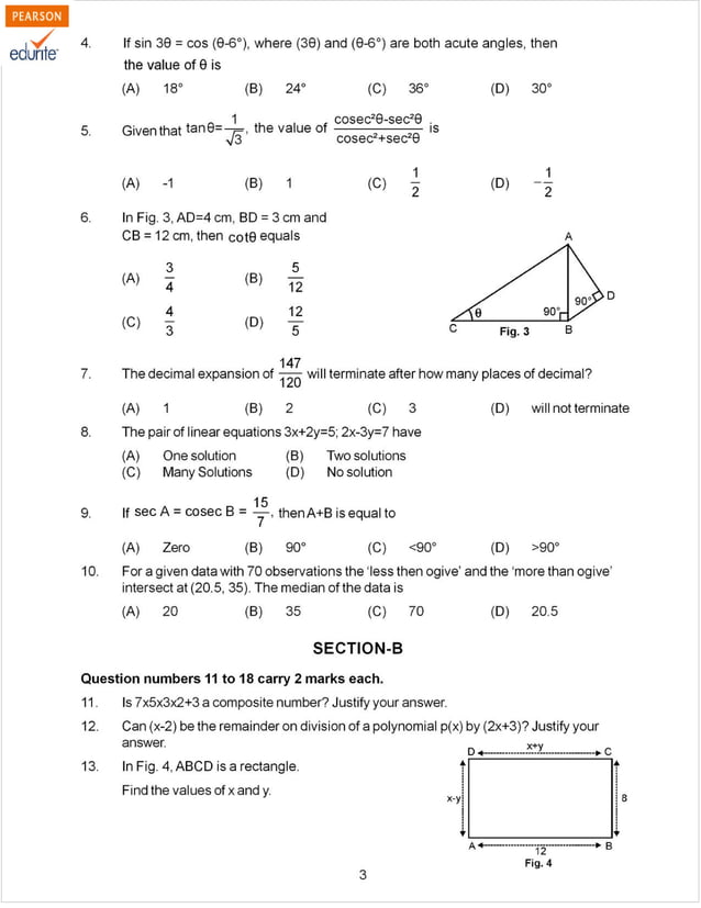 Class 10 Cbse Maths Sample Paper Term 1 2011 | PDF