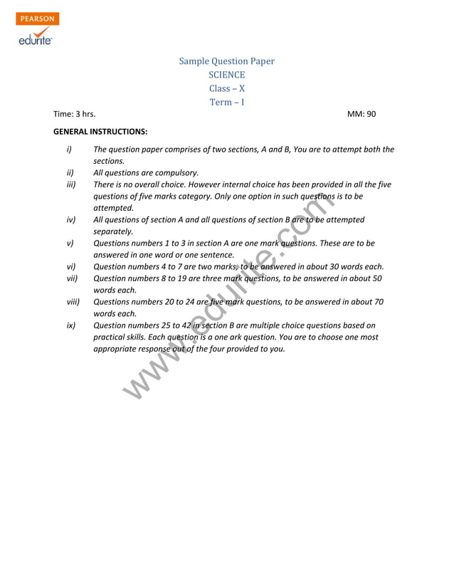 Class 10 Cbse Science Sample Paper Term 1 Model 1 | PDF