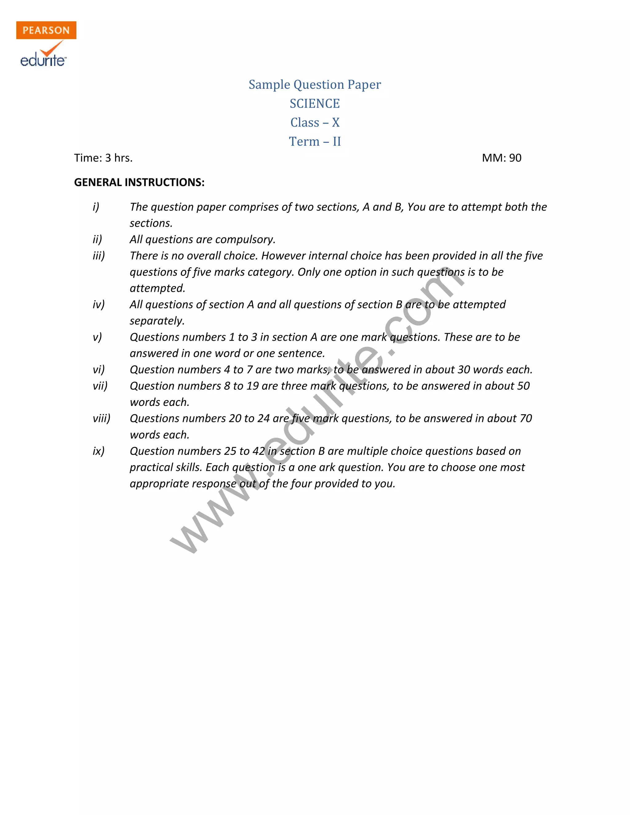 Class 10 Cbse Science Sample Paper Term 2 Model 1 | PDF