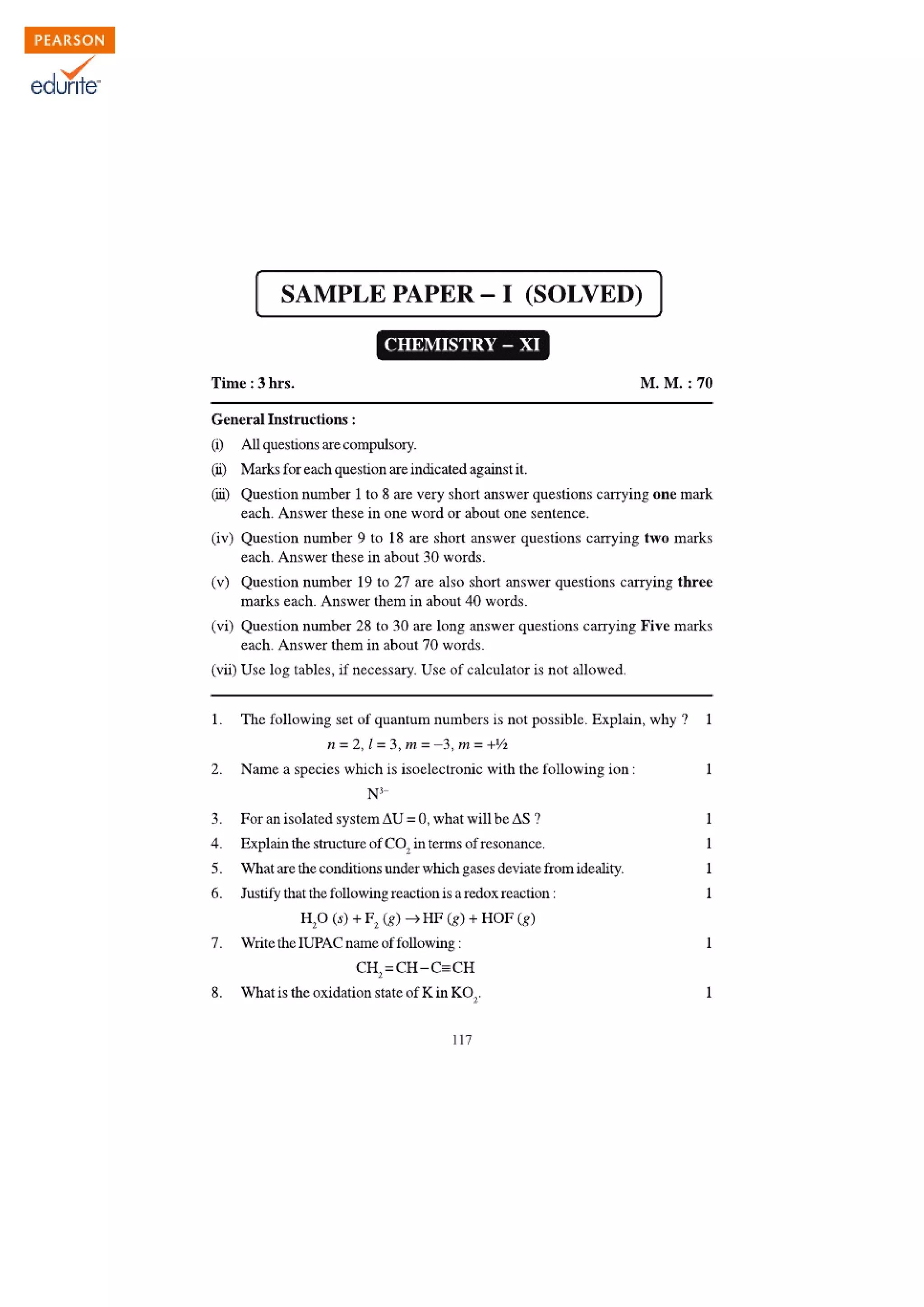 Class 11 Cbse Chemistry Sample Paper | PDF