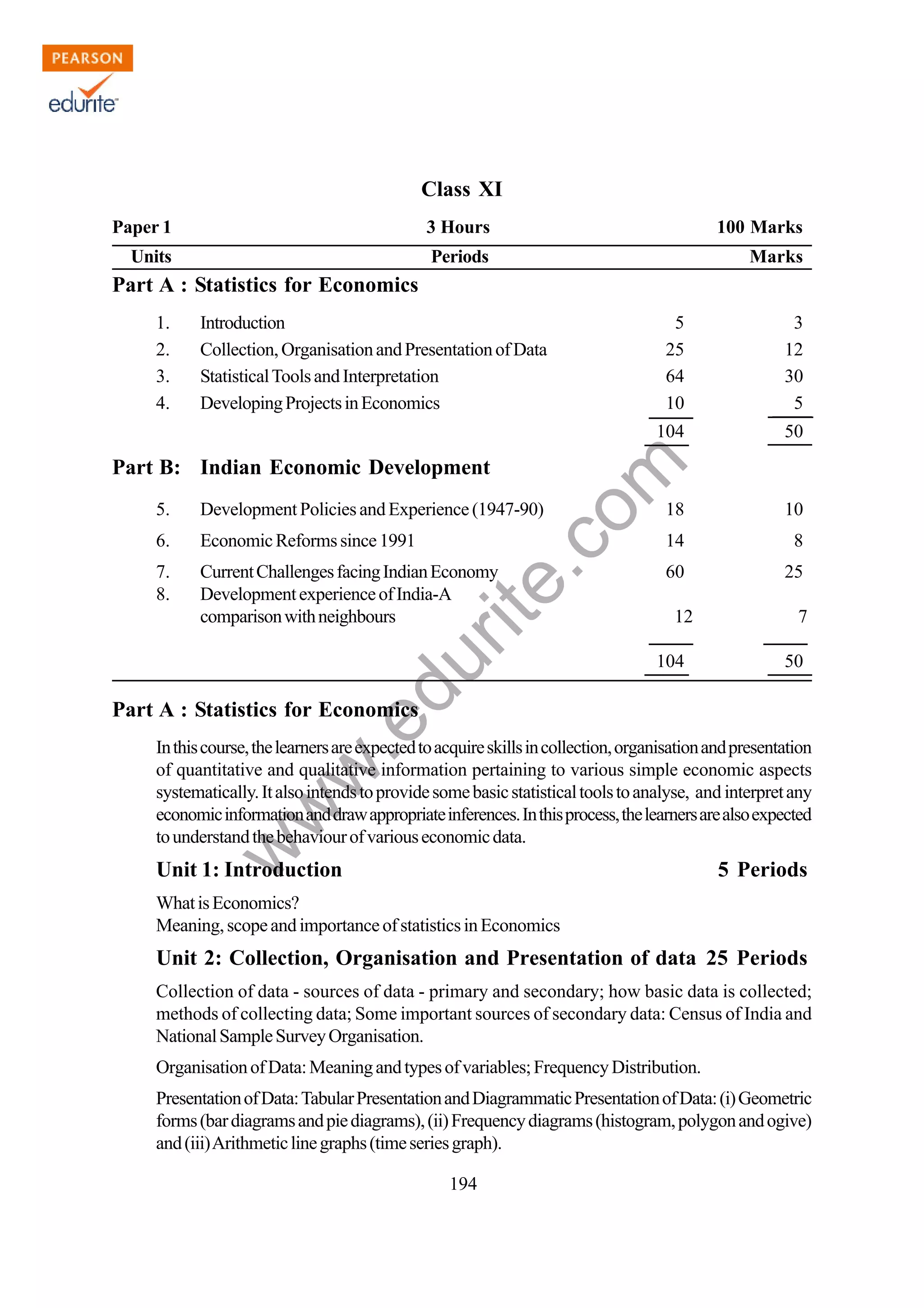 Cbse Class 11 Economics Syllabus 2011-12 | PDF