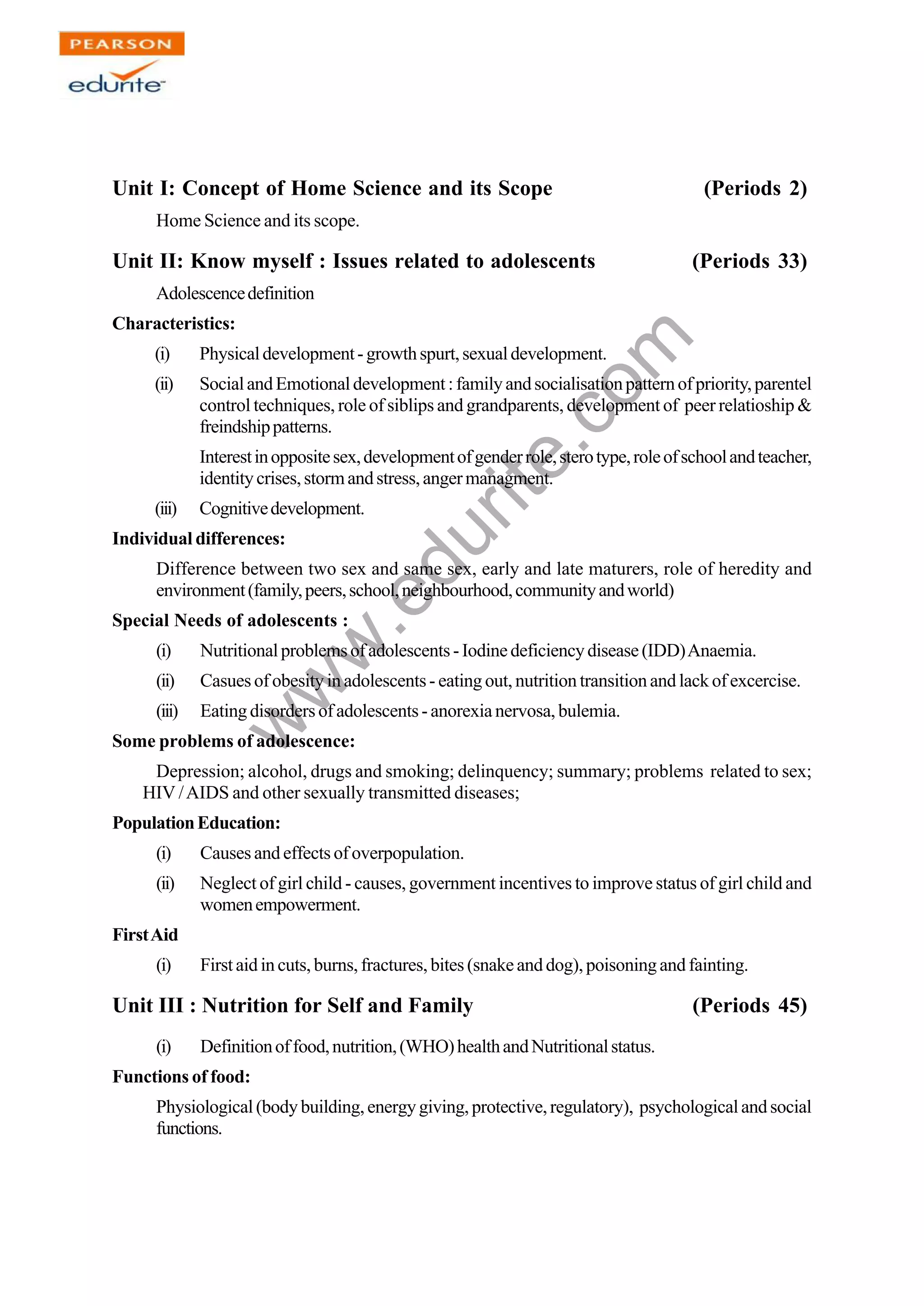 Class 11 Cbse Home Science Syllabus 2012-13 | PDF