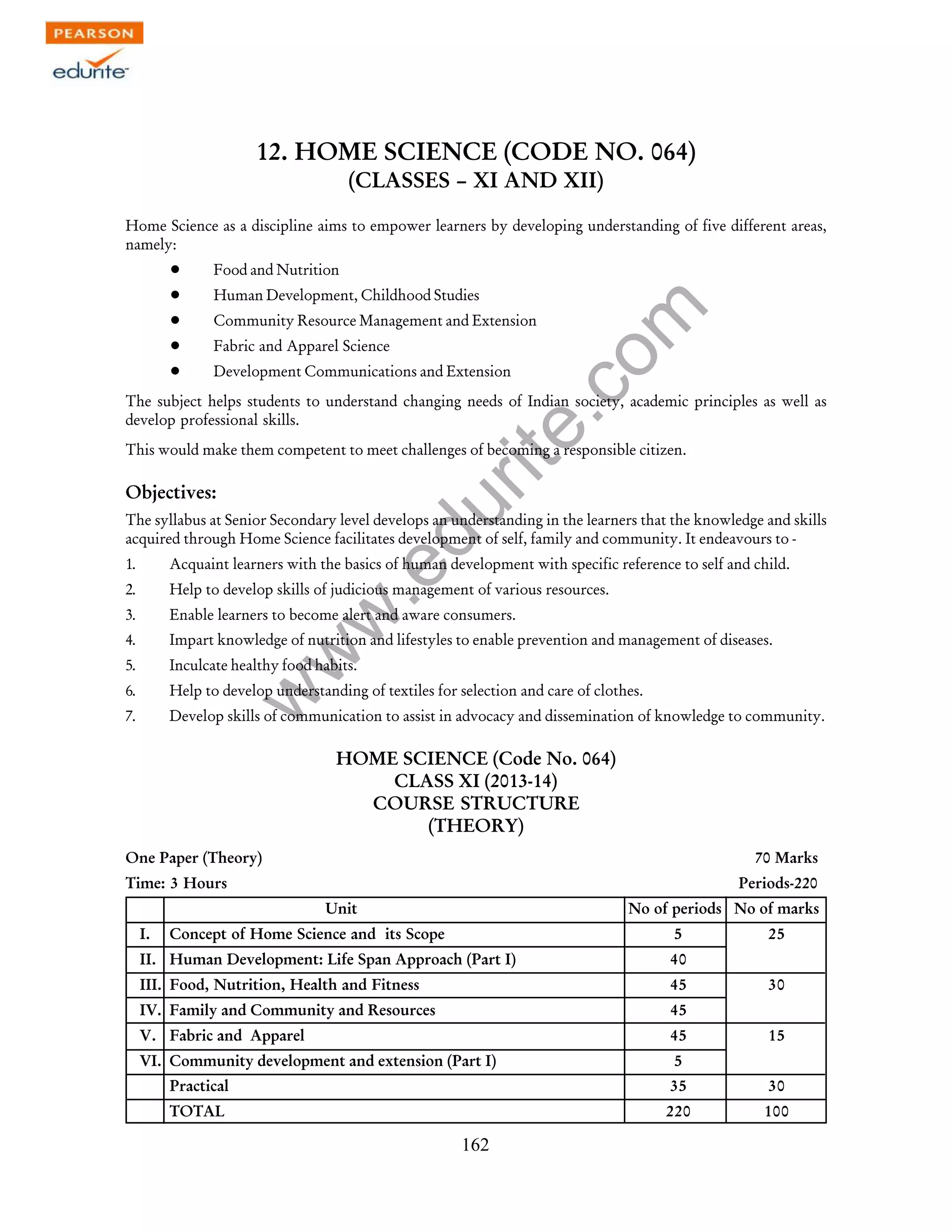 Class 11 Cbse Home Science Syllabus 2013-14 | PDF