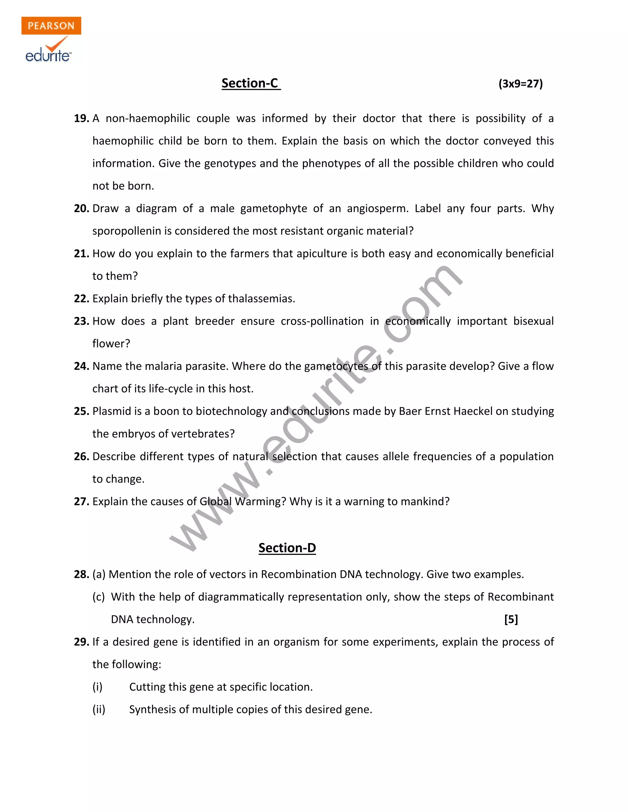 Cbse Class 12 Biology Sample Paper Model 1 | PDF