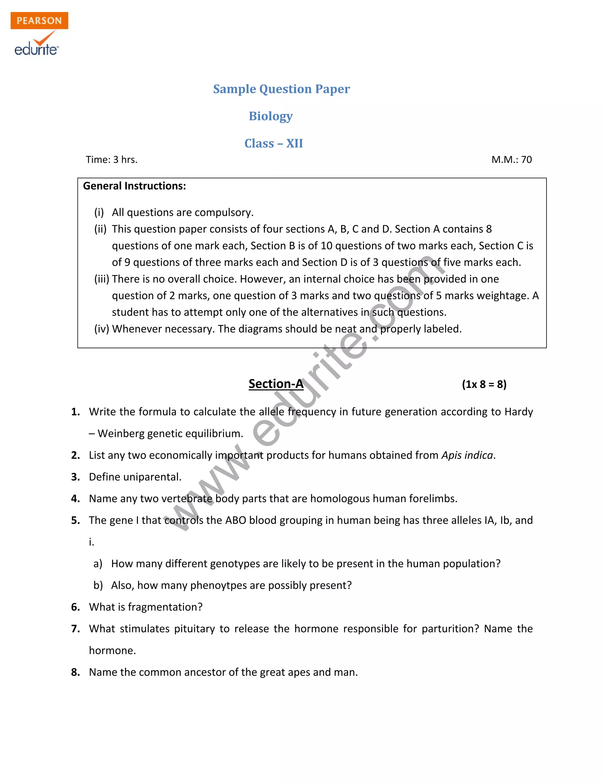 Class 12 Cbse Biology Sample Paper Model 2 | PDF