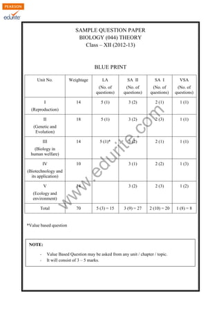 Cbse Class 12 Biology Sample Paper 2012-13 Model 1 | PDF