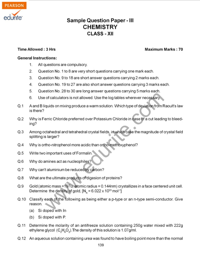 Class 12 Cbse Chemistry Sample Paper 2012 Model 3 | PDF