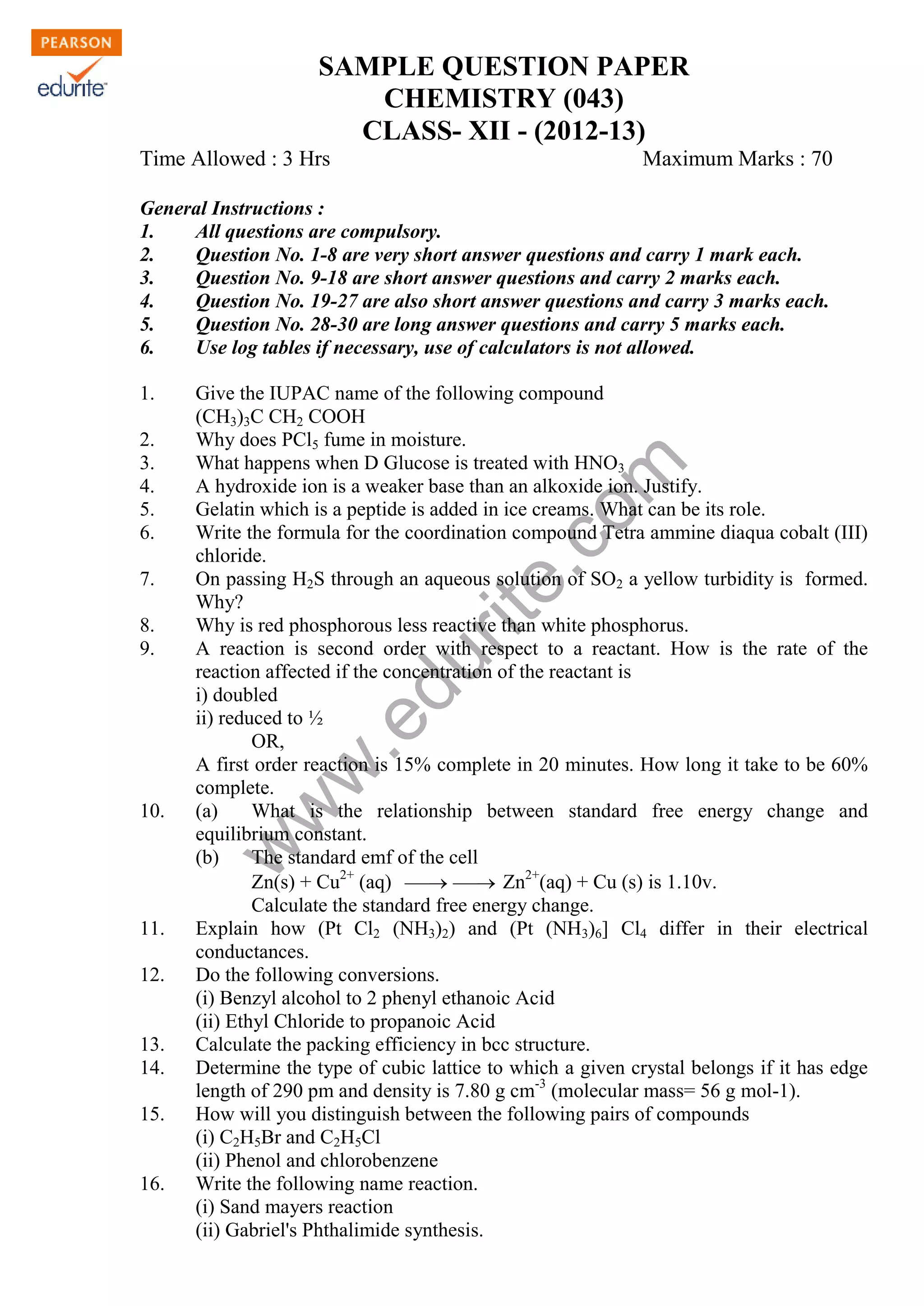 Class 12 Cbse Chemistry Sample Paper 2013 | PDF | Chemistry | Science