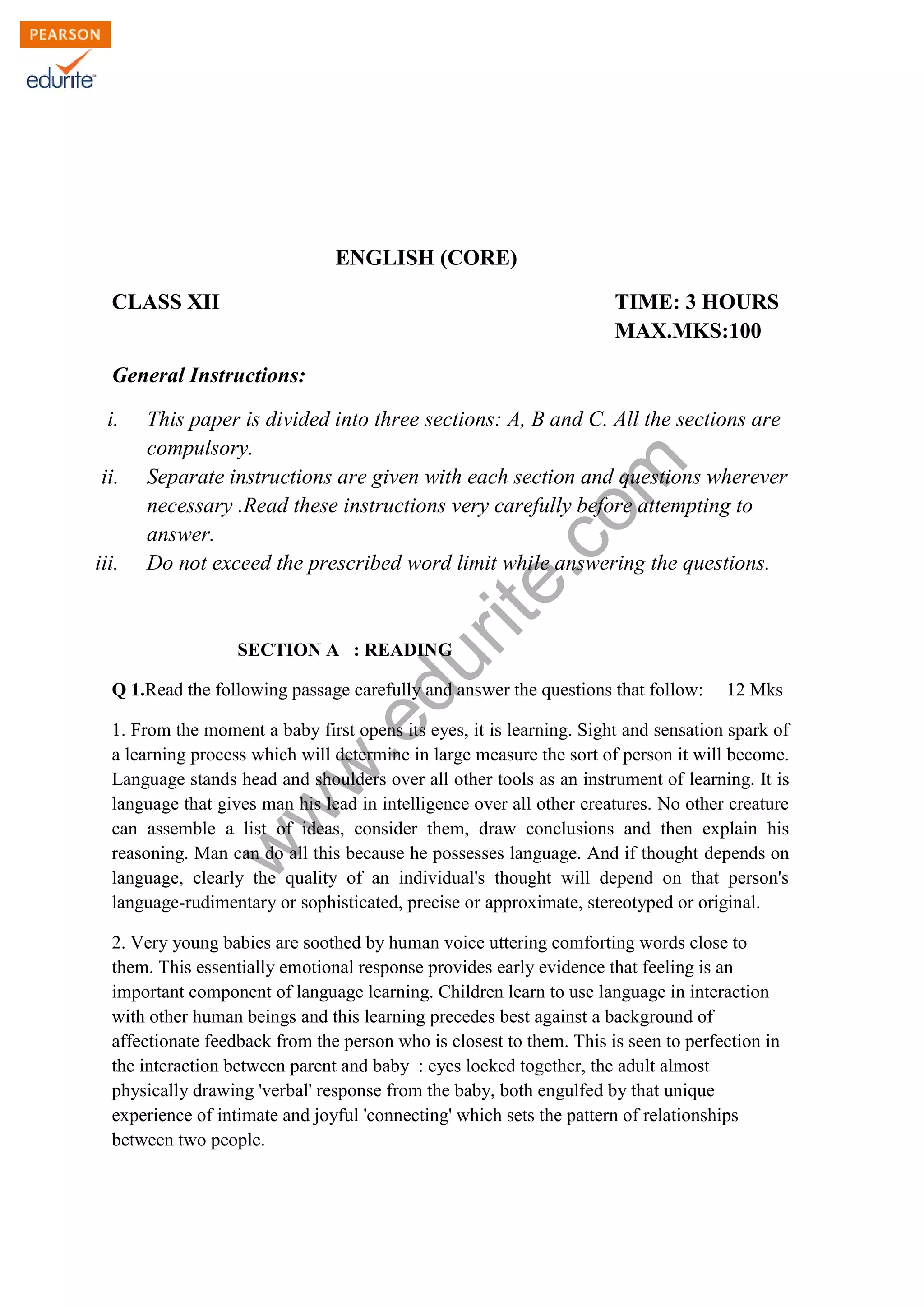 Class 12 Cbse English Core Sample Paper 2012-13 Model 2 | PDF