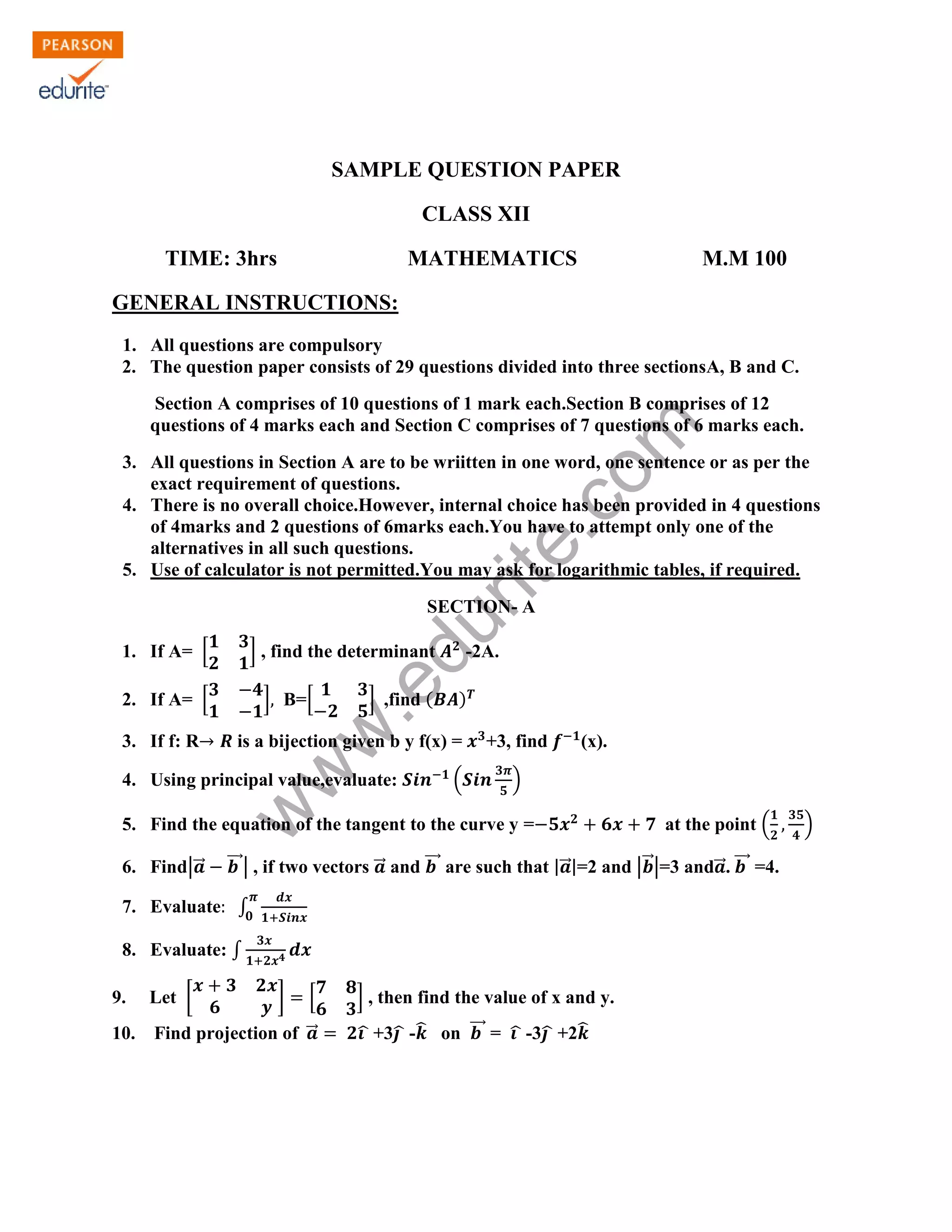 Class 12 Cbse Maths Sample Paper 2013 Model 2 | PDF | Physics | Science