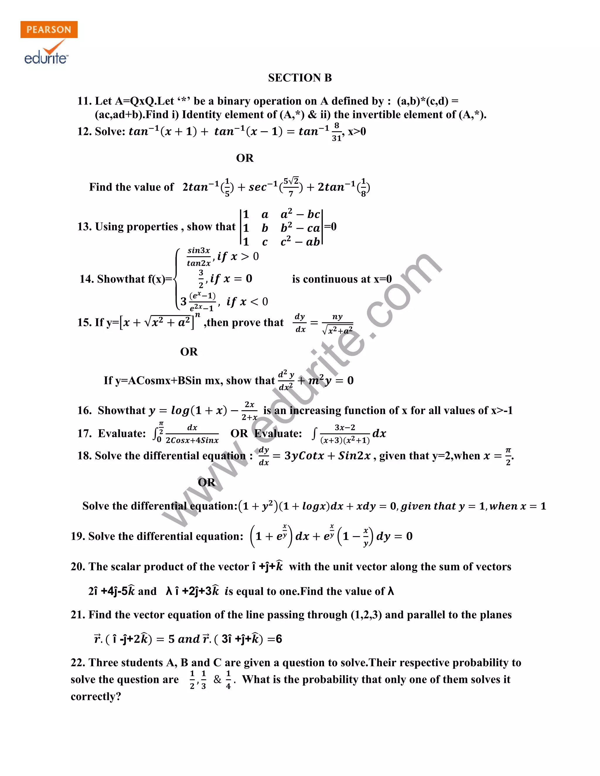 Class 12 Cbse Maths Sample Paper 2013 Model 2 | PDF