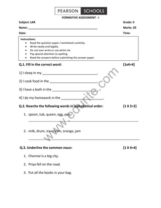 Class 2 CBSE English Question Paper FA 1 | PDF
