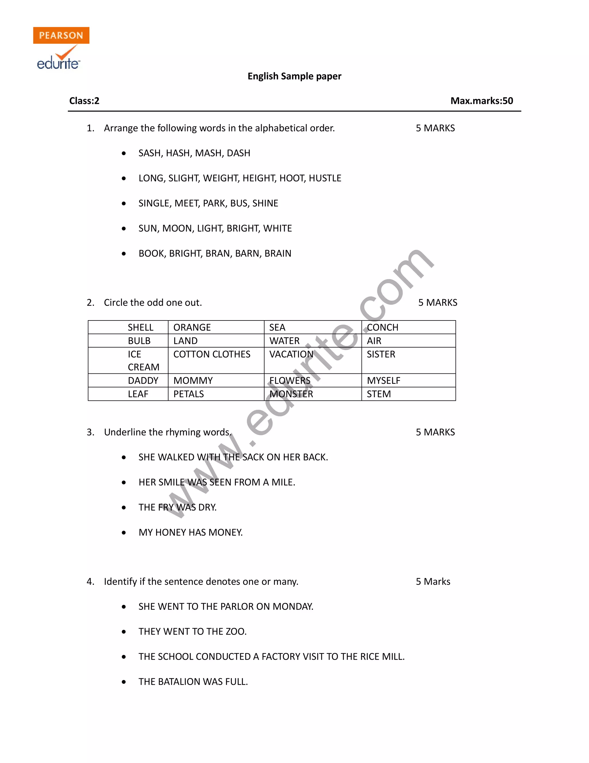 Class 2 CBSE English Sample Paper Model 1 | PDF
