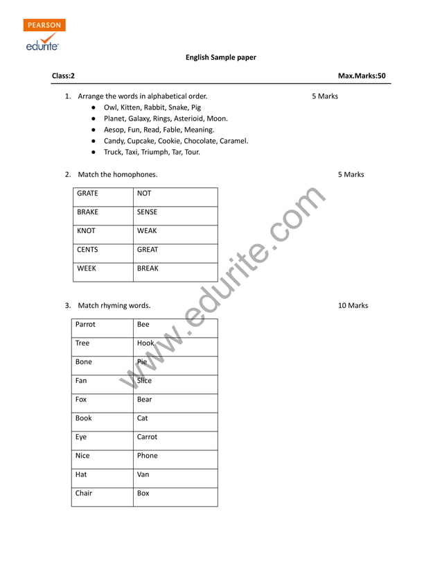 Class 2 CBSE English Sample Paper Model 3 | PDF