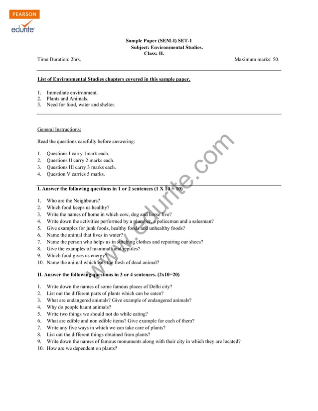 Class 2 CBSE Environmental Studies Sample Paper Term 1 | PDF | Food & Drink