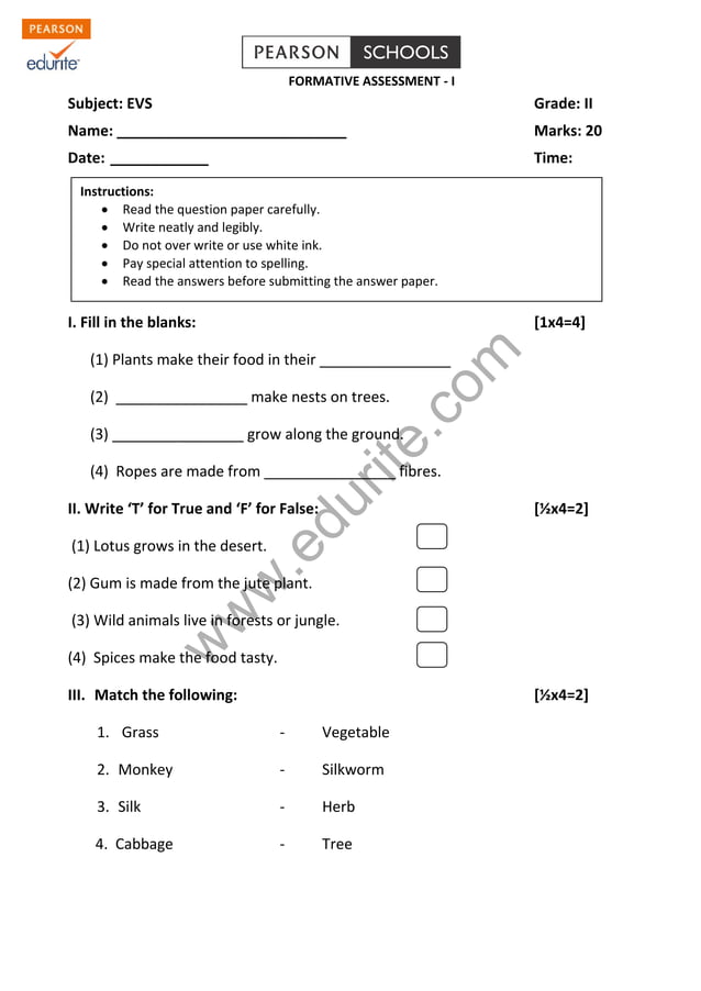 Class 2 CBSE EVS Question Paper | PDF