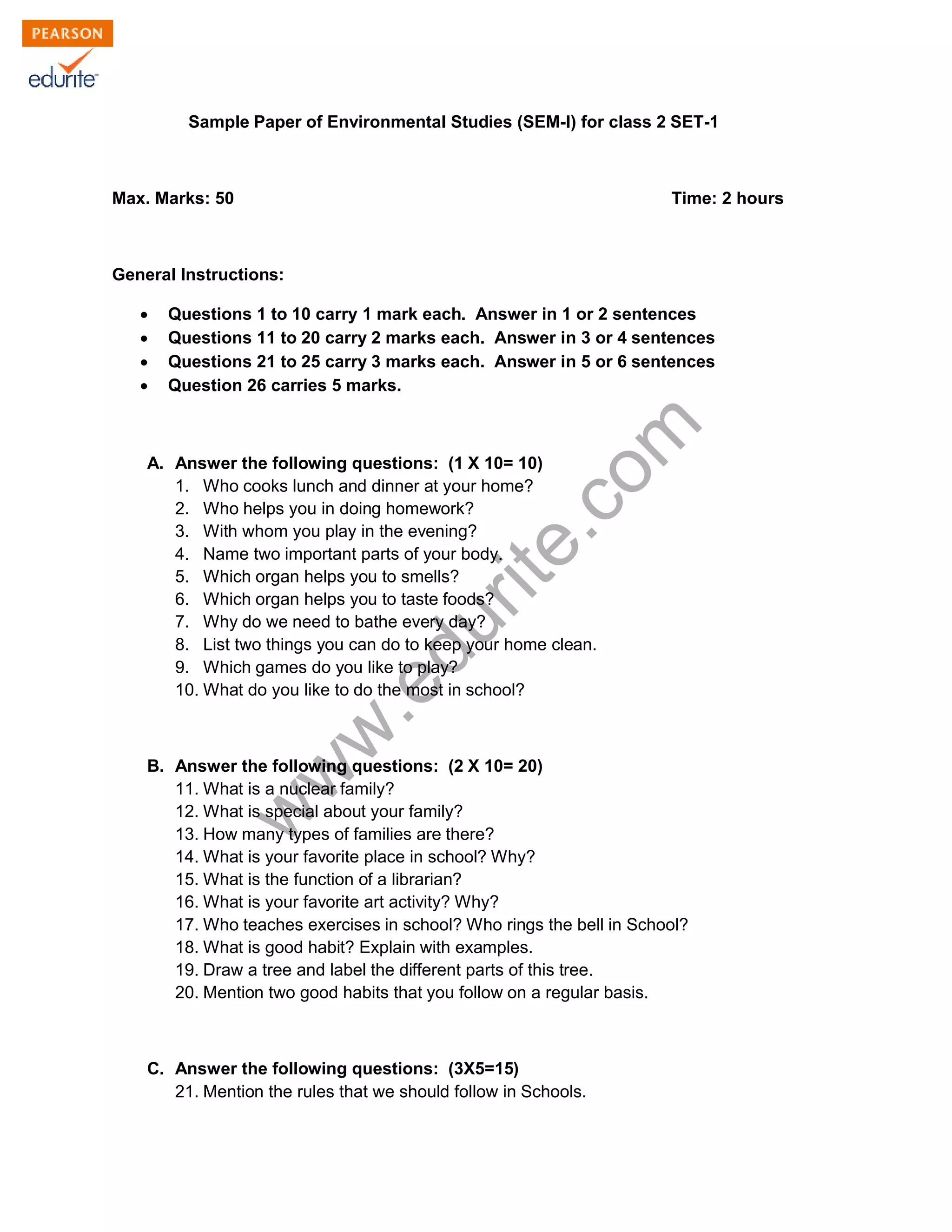 Class 2 CBSE EVS Sample Paper Term 1 Model 1 | PDF