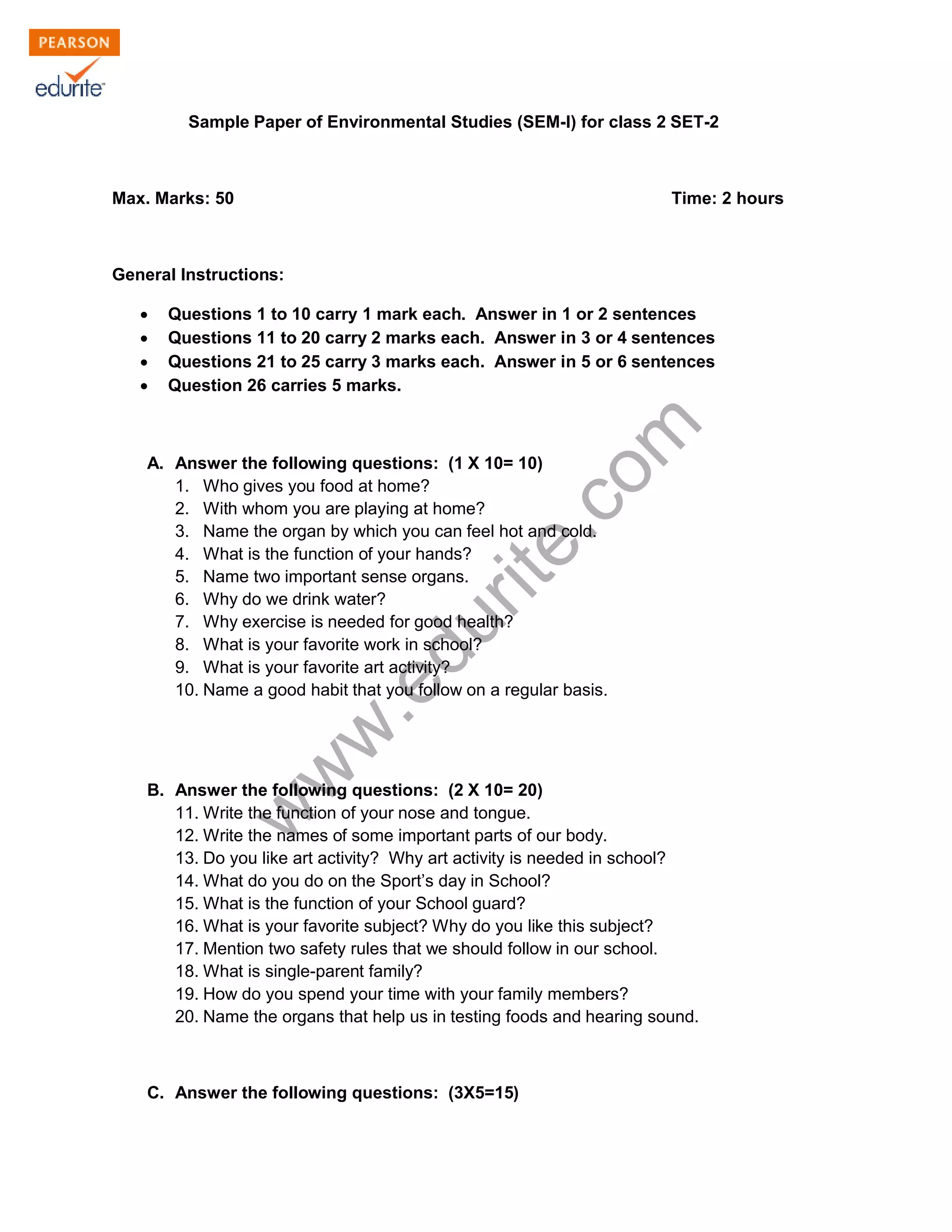 Class 2 CBSE EVS Sample Paper Term 1 Model 2 | PDF