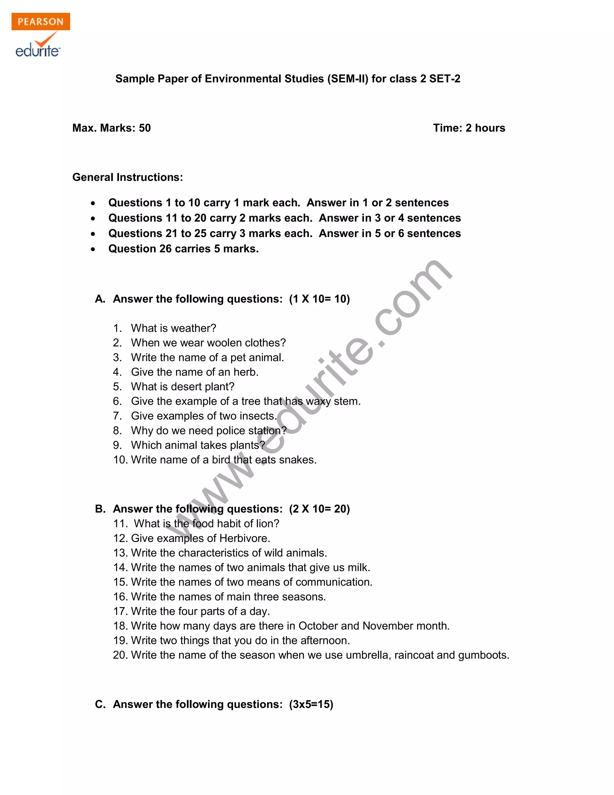 Class 2 CBSE EVS Sample Paper Term 2 Model 2 | PDF