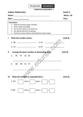 Cbse class-2-maths-question-paper-fa-1 | PDF