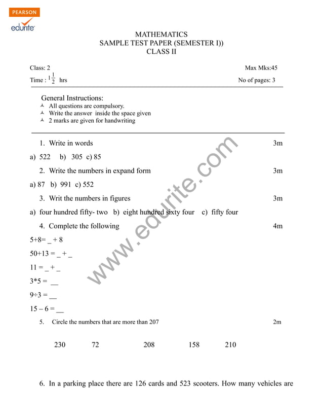 Class 2 CBSE Maths Sample Paper Term 1 Model 1 | PDF | Education