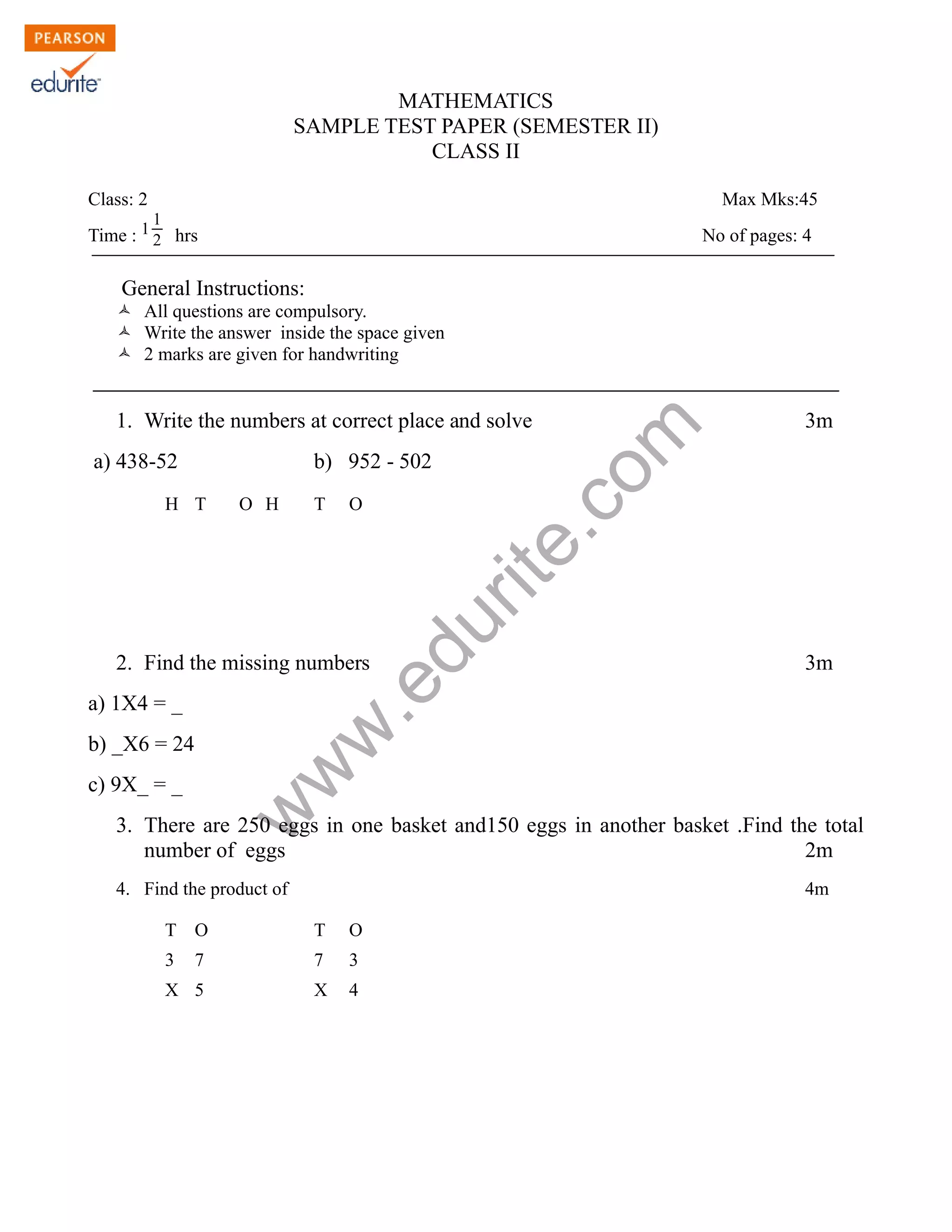 Class 2 CBSE Maths Sample Paper Term 2 Model 1 | PDF