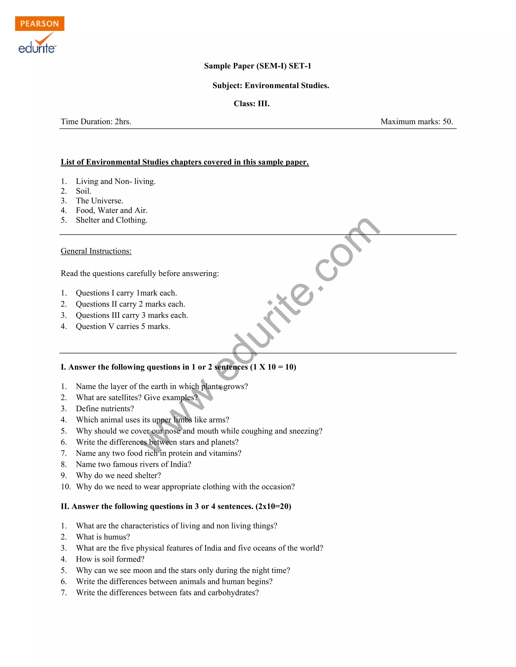 Class 3 CBSE EVS Sample Paper Term 1 | PDF