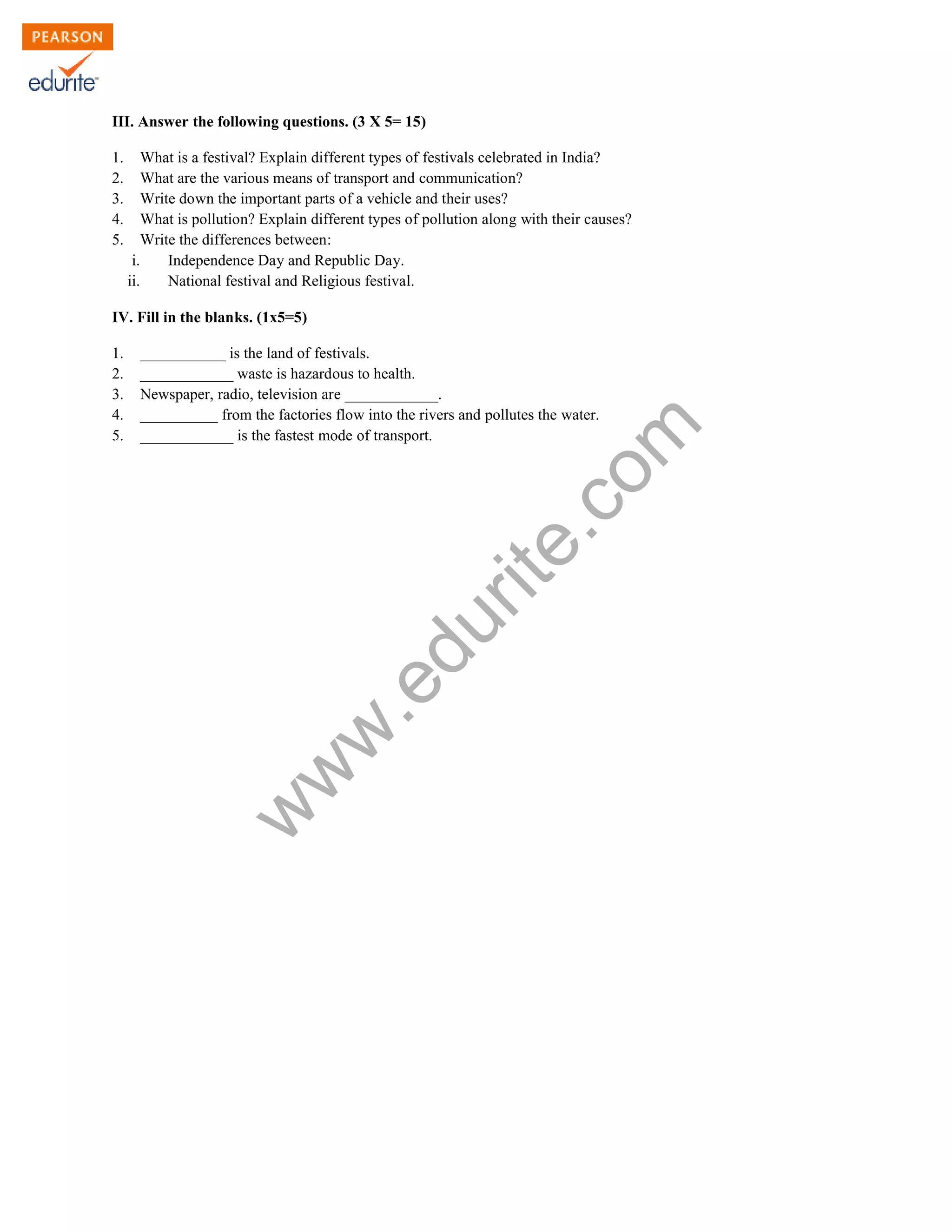 Class 3 CBSE EVS Sample Paper Term 2 | PDF