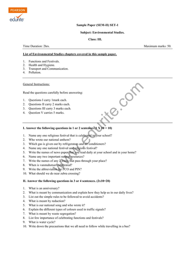 Class 3 CBSE EVS Sample Paper Term 2 | PDF