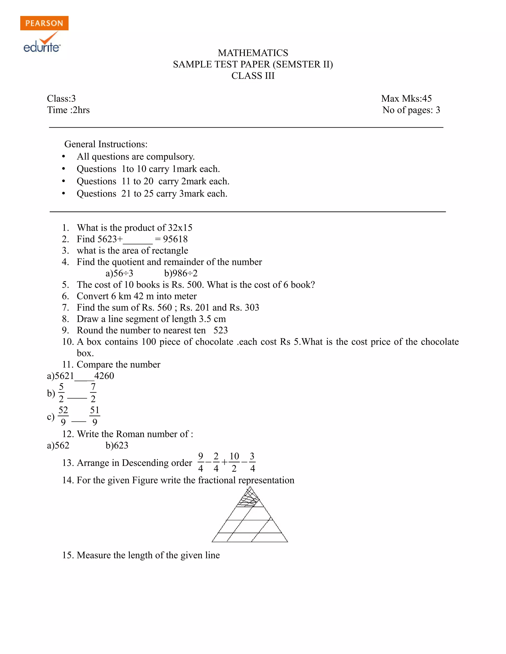 Class 3 CBSE Maths Sample Paper Term 2 Model 3 | PDF