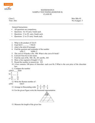 Class 3 CBSE Maths Sample Paper Term 2 Model 3 | PDF