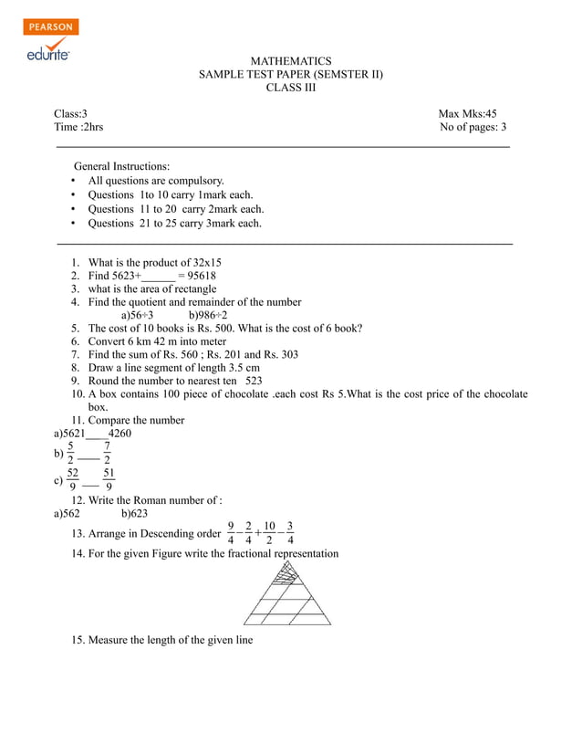 Class 3 CBSE Maths Sample Paper Term 2 Model 3 | PDF | Homework and ...