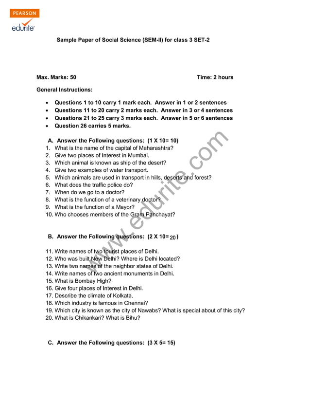 Class 3 CBSE Social Sample Paper Term 2 Model 2 | PDF | Educational ...