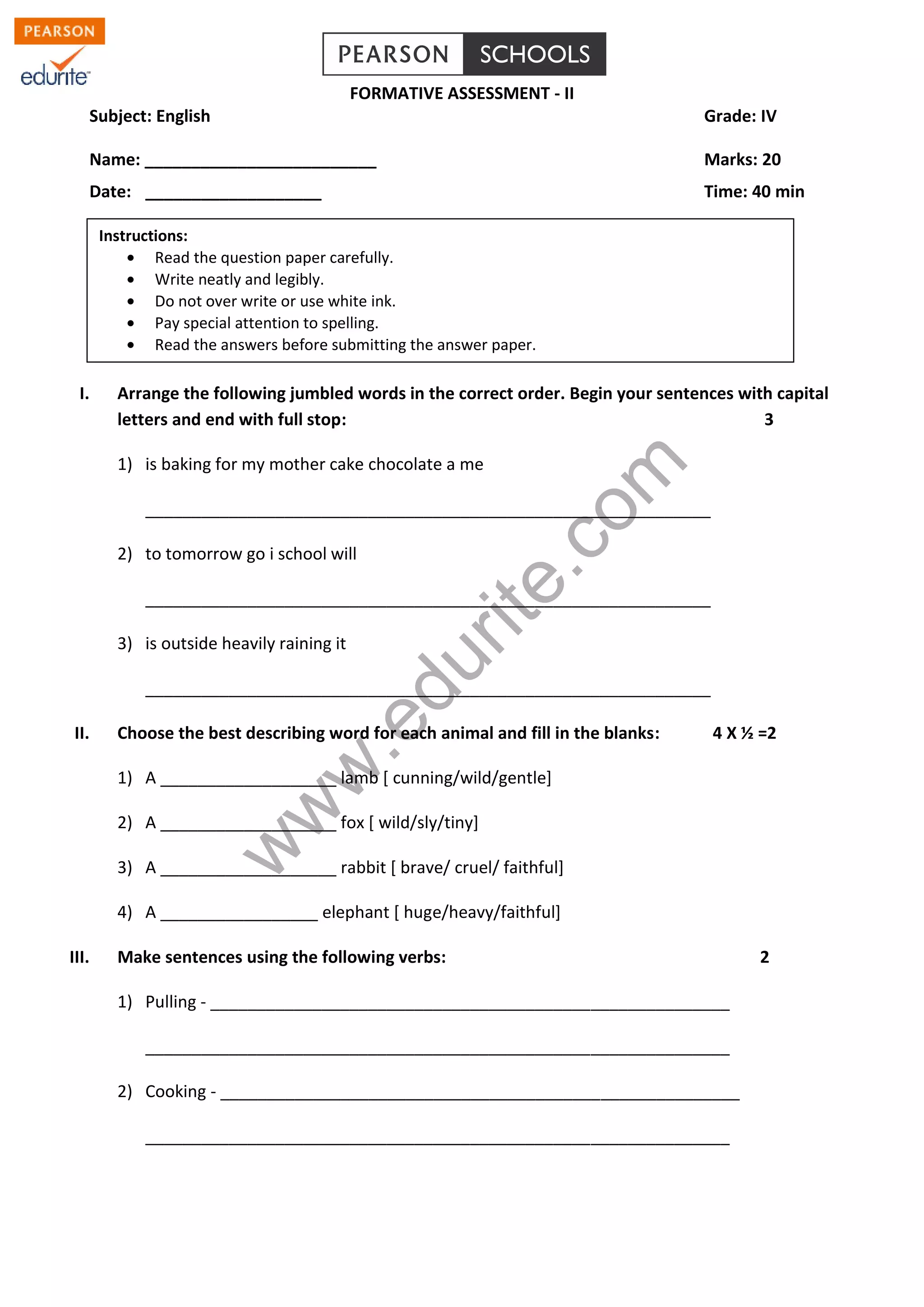 Class 4 Cbse English Question Paper FA 2 | PDF