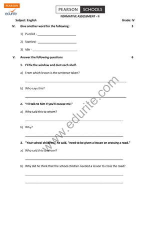 Class 4 Cbse English Question Paper FA 2 | PDF