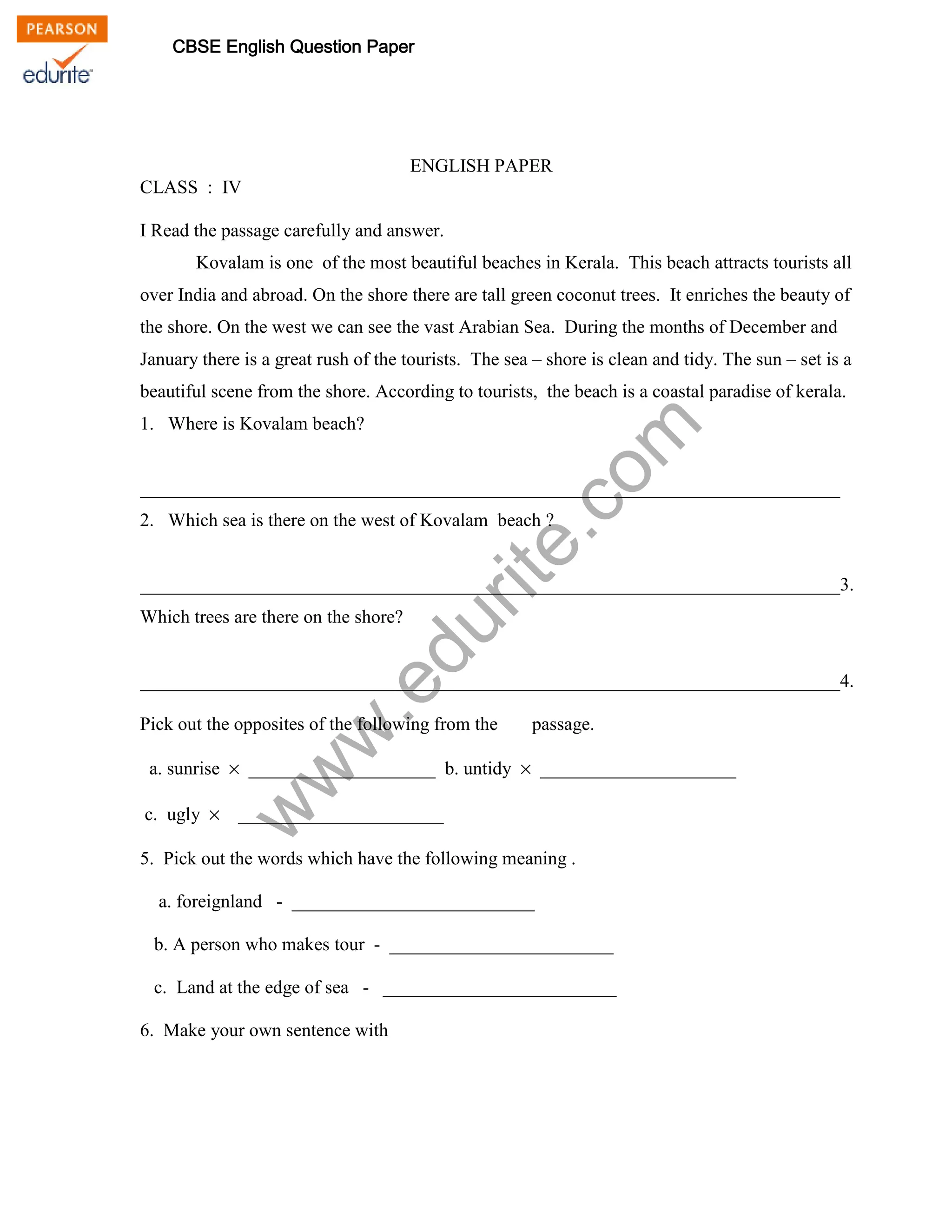 Class 4 Cbse English Question Paper 2011 | PDF