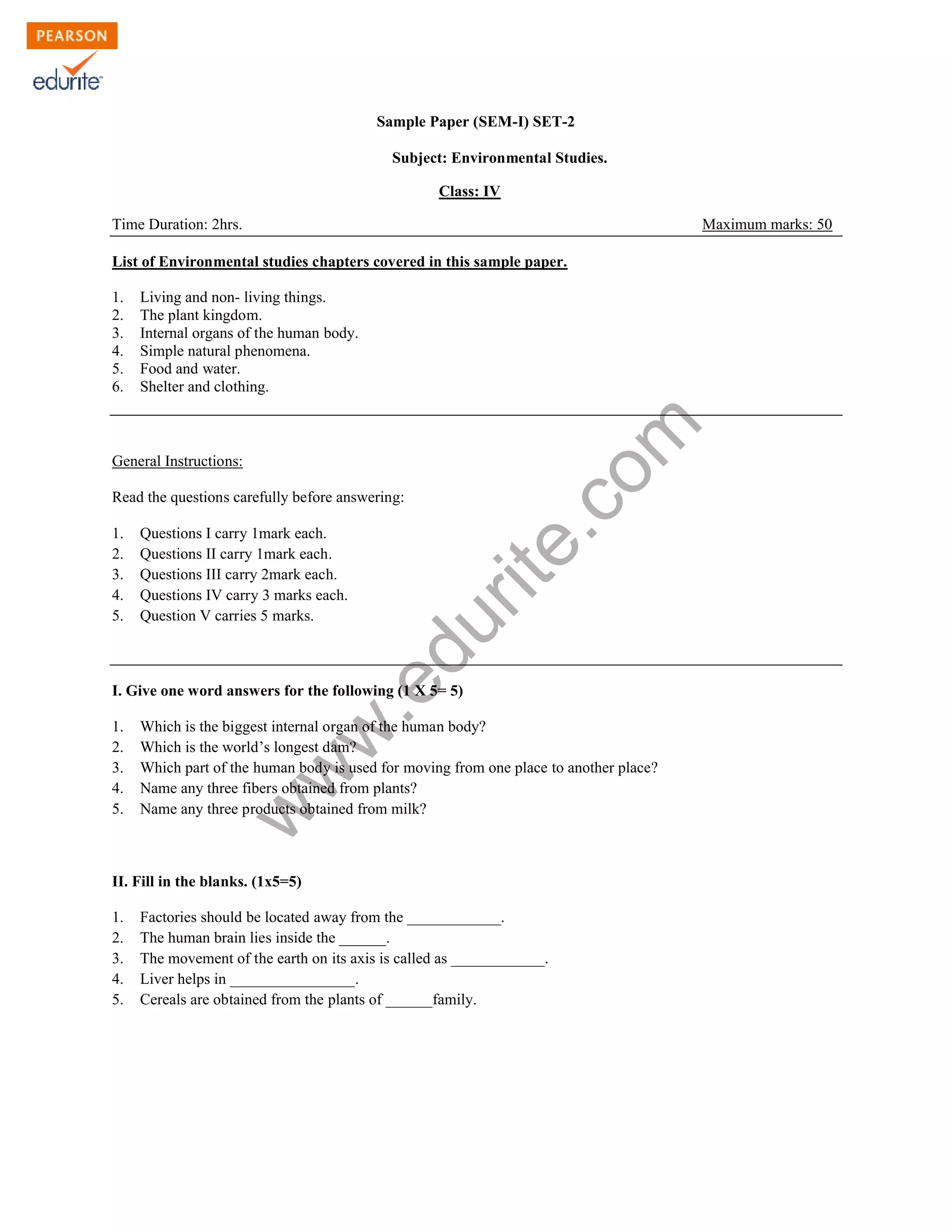 Class 4 CBSE EVS Sample Paper Term 1 Model 2 | PDF