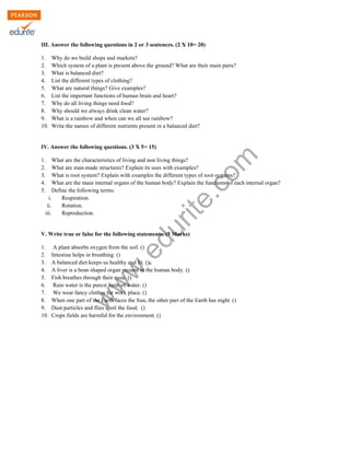 Class 4 CBSE EVS Sample Paper Term 1 Model 2 | PDF