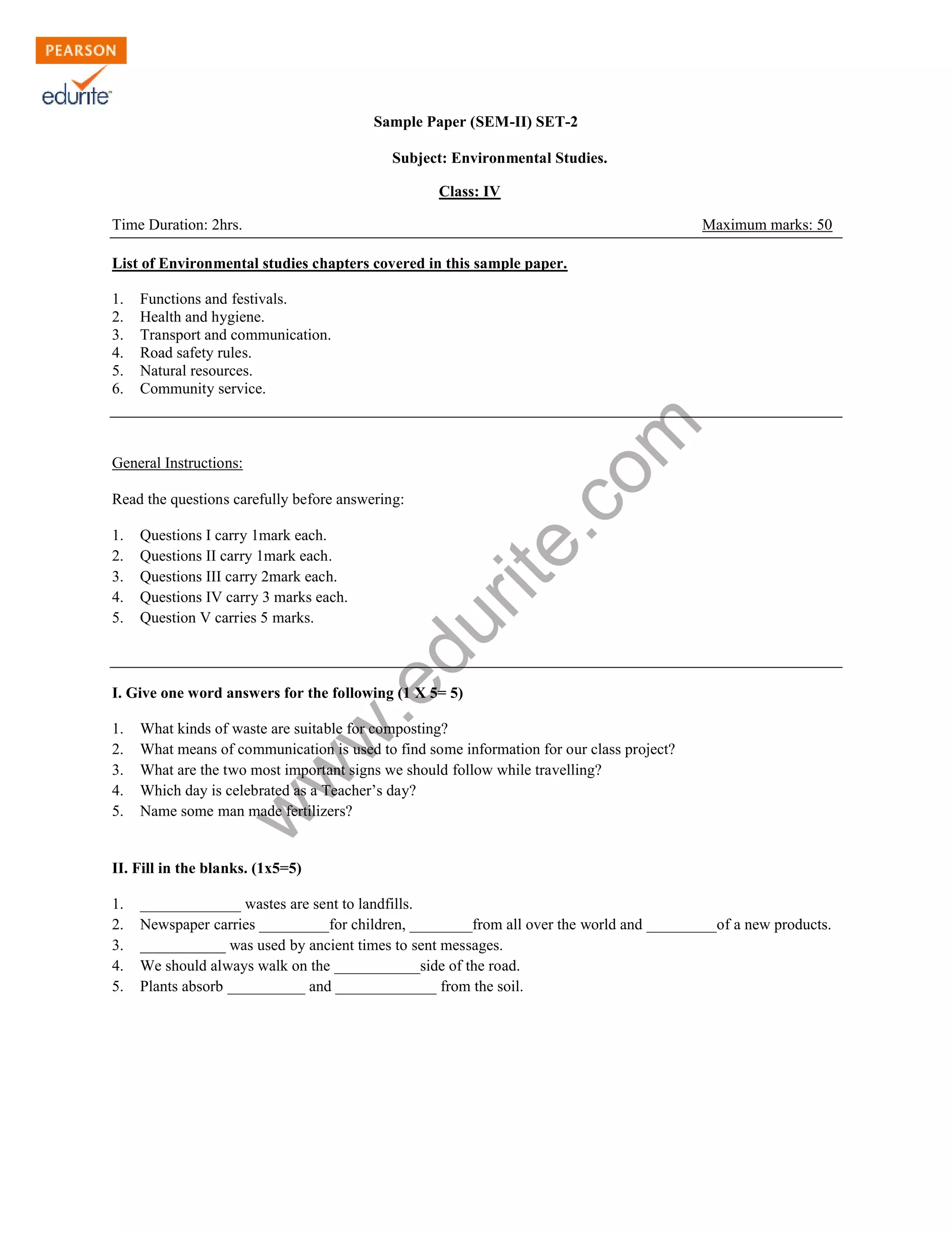 Class 4 CBSE EVS Sample Paper Term 2 Model 2 | PDF