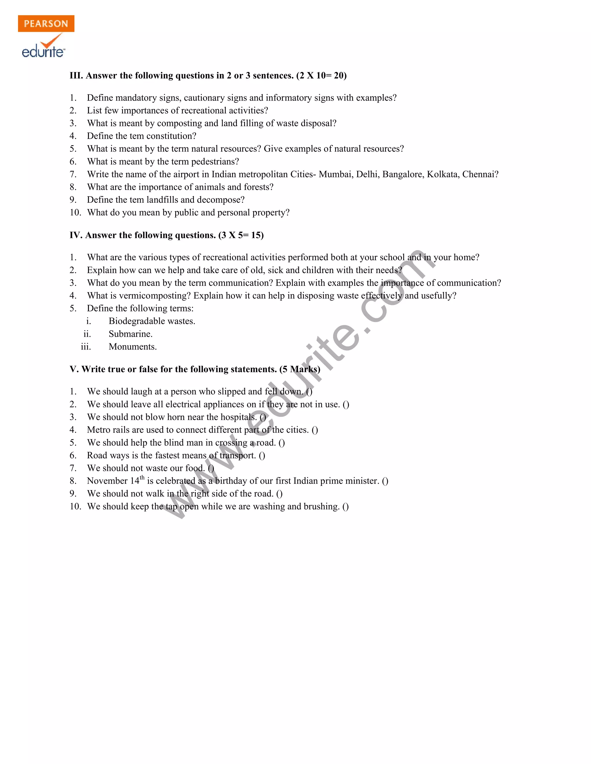 Class 4 CBSE EVS Sample Paper Term 2 Model 2 | PDF