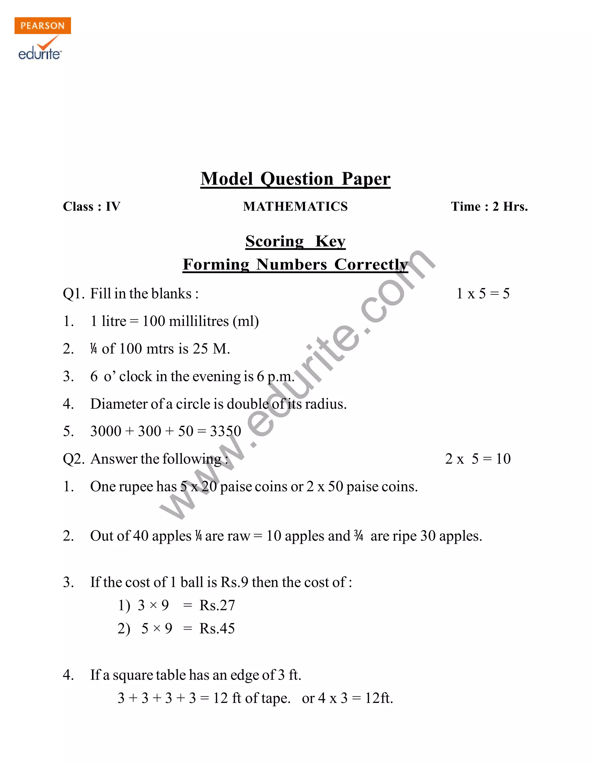 Class 4 Cbse Maths Question Paper | PDF