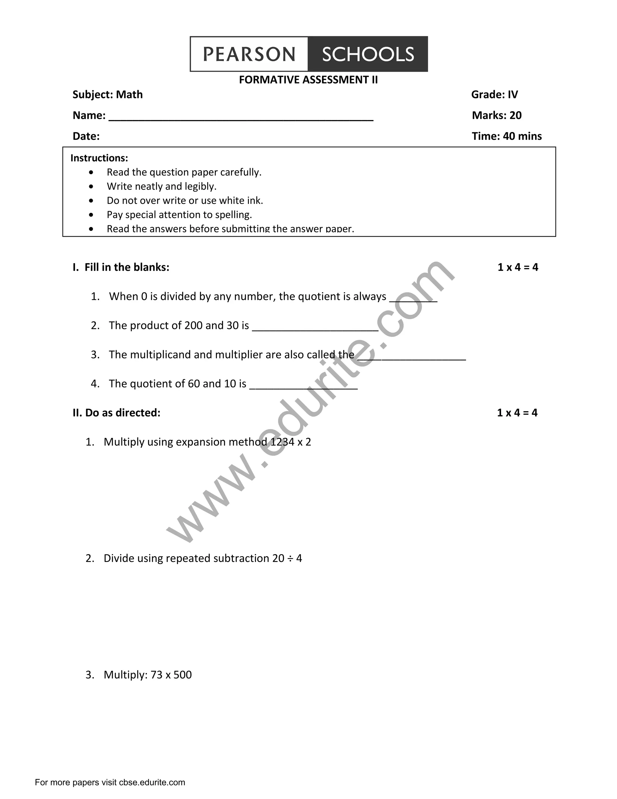 Class 4 Cbse Maths Question Paper FA 2 | PDF